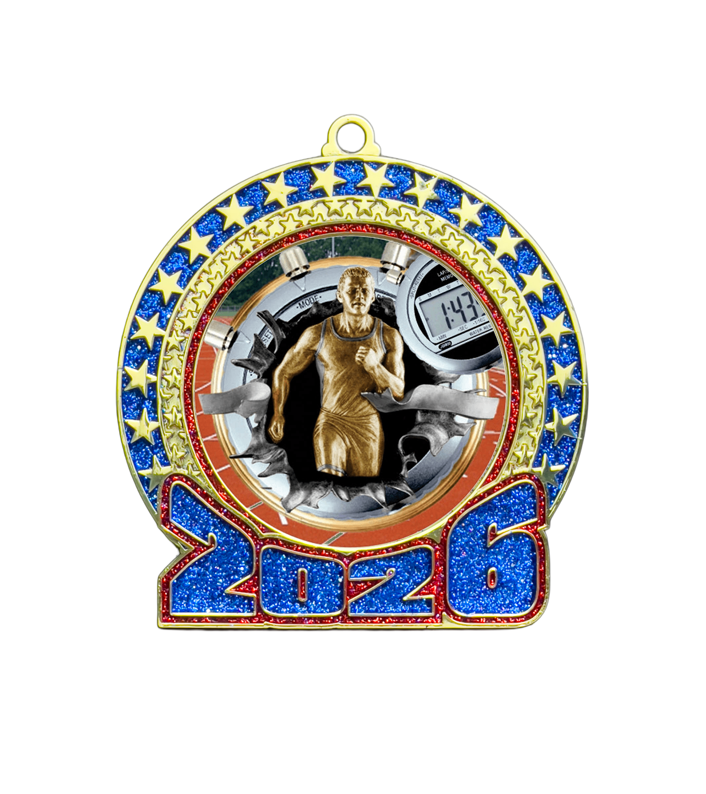2026 Red and Blue Glitter Track Insert Medal