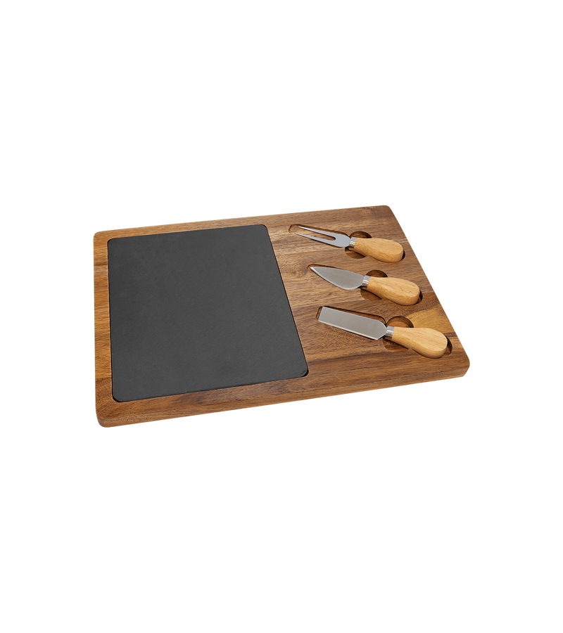 Engraved Acacia Wood/Slate Rectangle Cheese Set with Tools